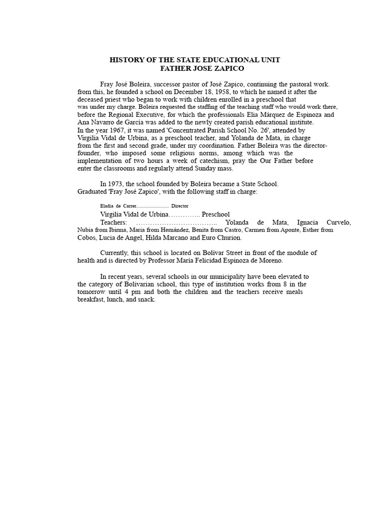 History of The State Educational Unit Fray Jose Zapico | PDF