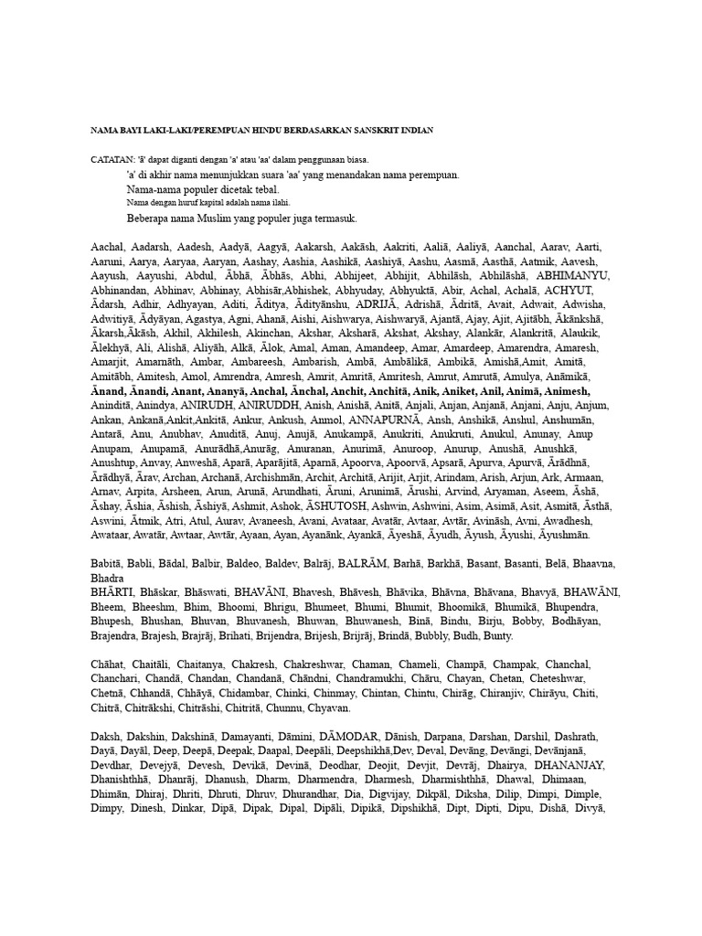 Nama Bayi Laki-Laki/ Perempuan Hindu Berdasarkan Sanskrit Indian | PDF