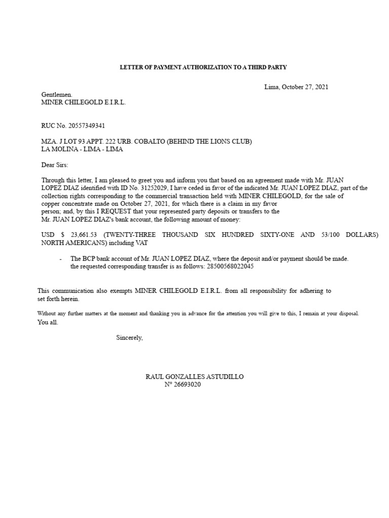 Letter of Authorization For Payment To A Third Party | PDF