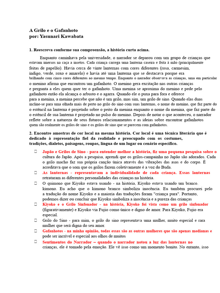 A Grilo e o Grilo da Cacatua - Atividade | PDF | Amor | Cor