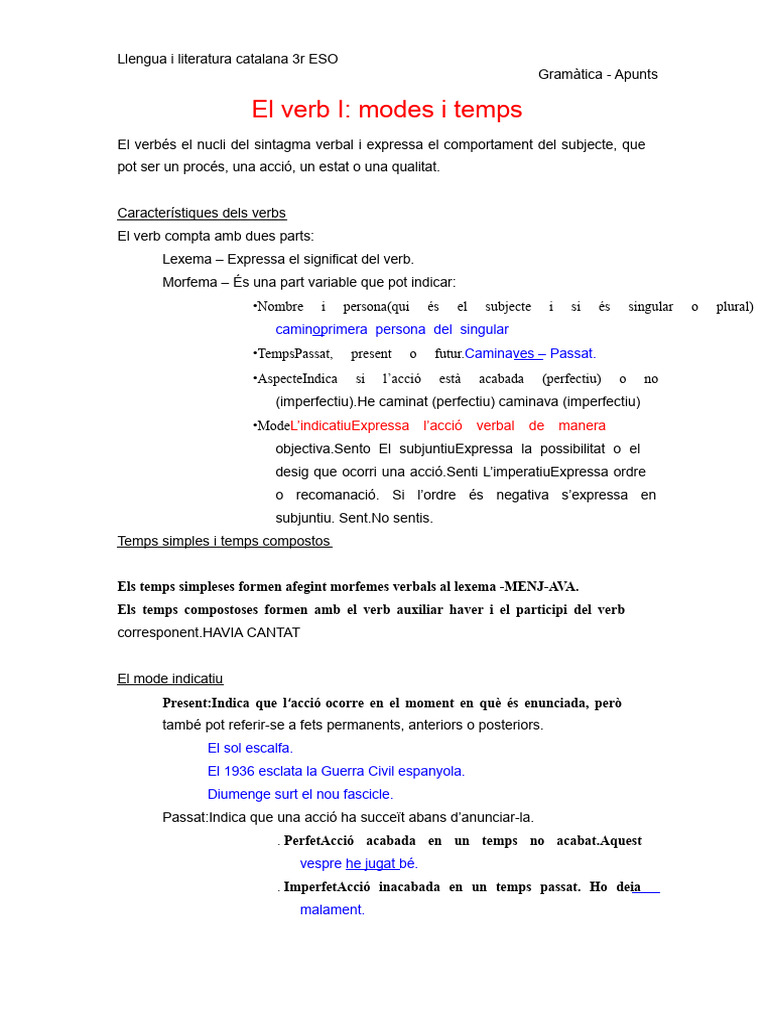 Verbul Și Moduri Și Timpuri Notițe | PDF