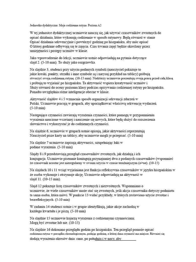 Komentowana Jednostka Dydaktyczna - Moja Codzienna Rutyna | PDF