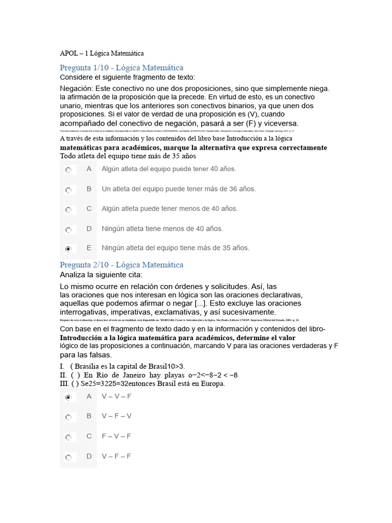 APOL 1 - Lógica Matemática UNINTER | PDF | Lógica | Proposición