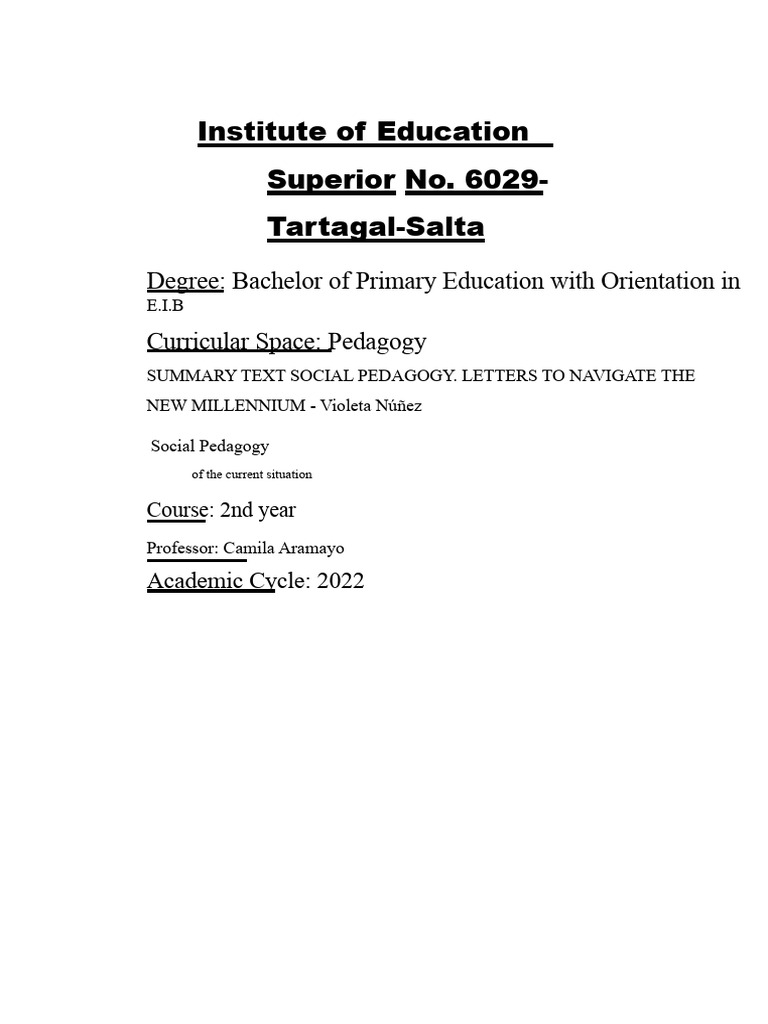 SUMMARY SOCIAL PEDAGOGY_LETTERS TO NAVIGATE IN THE NEW MILLENNIUM_VIOLETA NUÑEZ SUMMARY | PDF ...