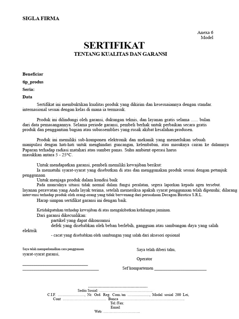 Sertifikat Kualitas dan Garansi Produk | PDF