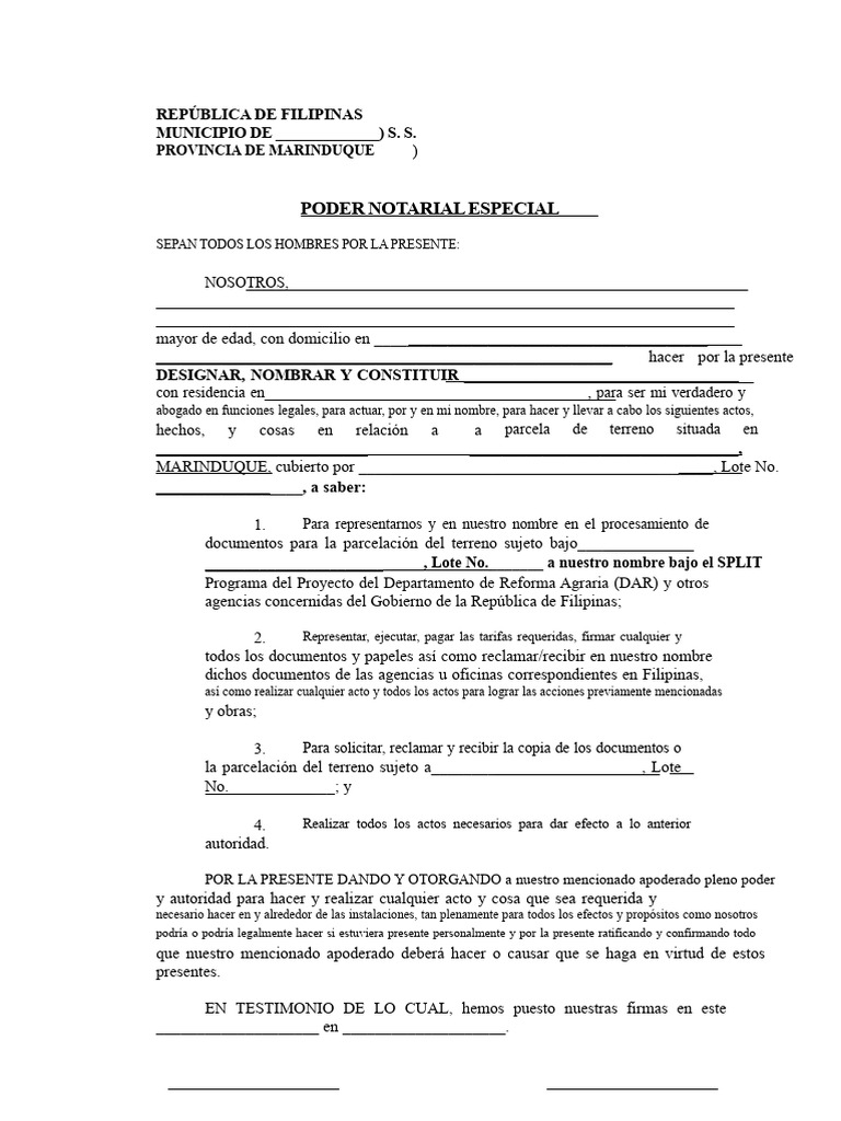Poder Notarial Especial en Marinduque | PDF