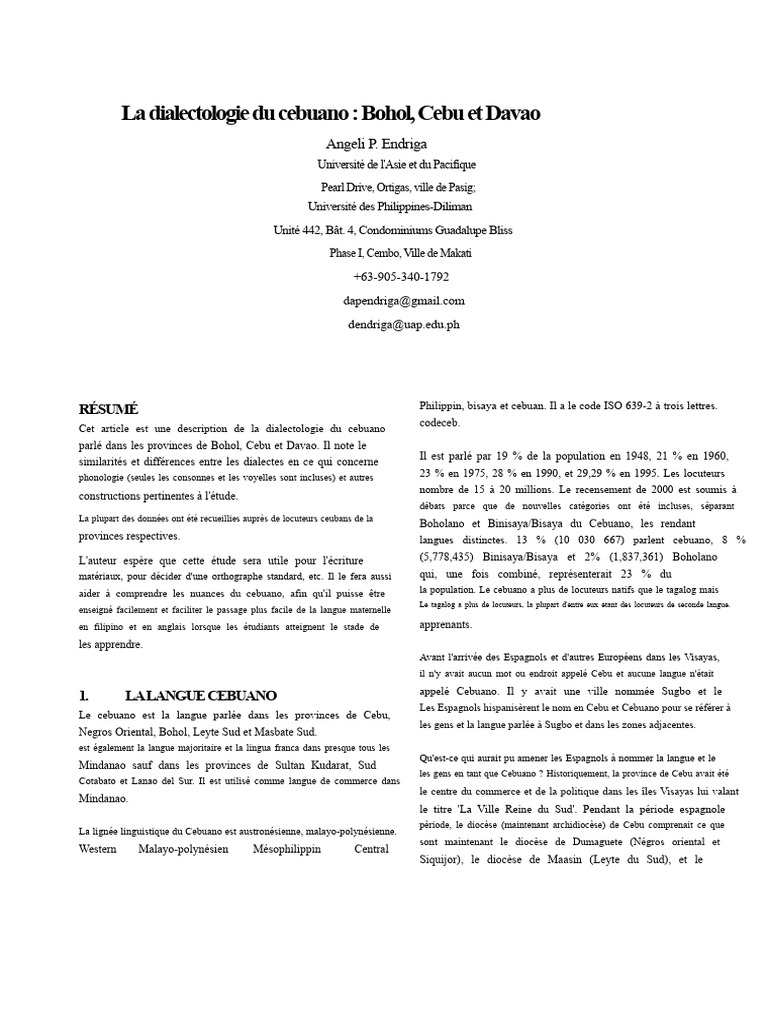 Dialectologie du Cebuano en Philippines | PDF | Syllabe | Phonologie