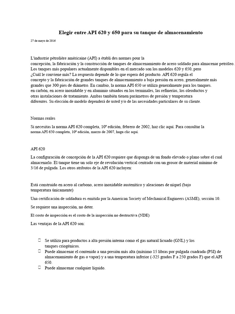 Comparativa API 620 y API 650 | PDF | Acero | Gas natural licuado