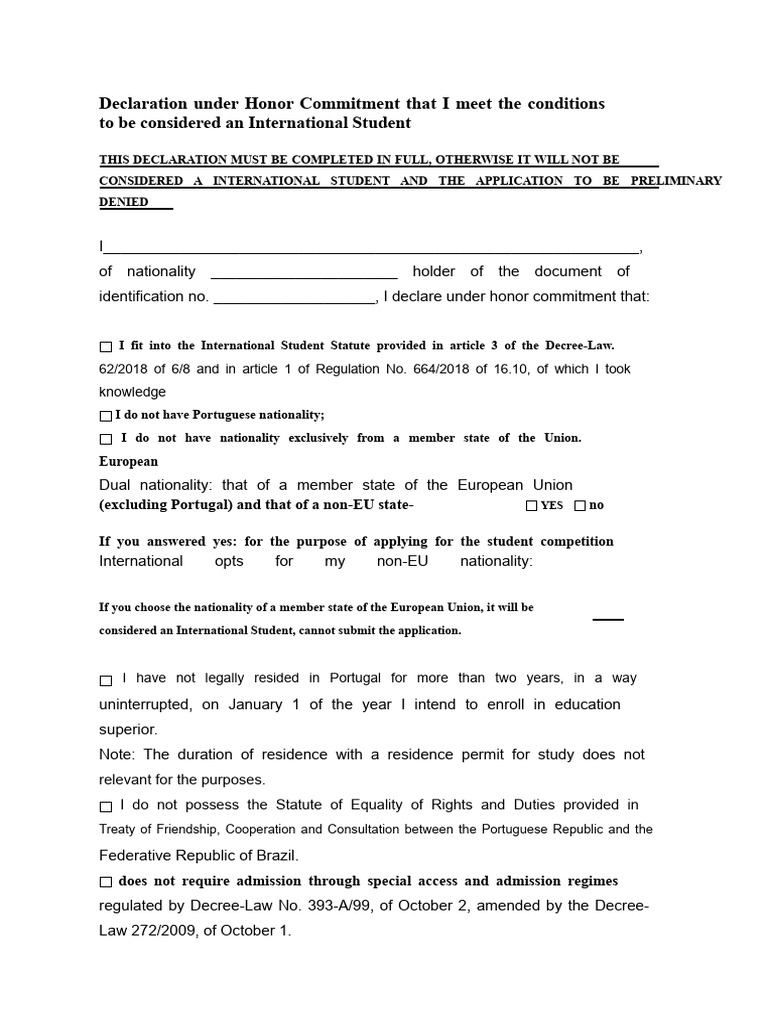 Declaration of Commitment of Honor - International Student | PDF ...