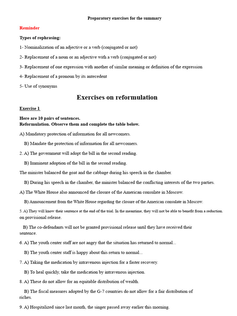 Preparatory exercises for summarizing | PDF | Phrase | Adjective