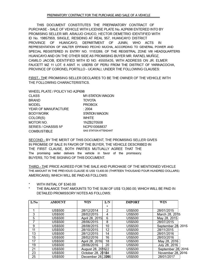 Preliminary Purchase and Sale Agreement For Vehicle | PDF | Private Law