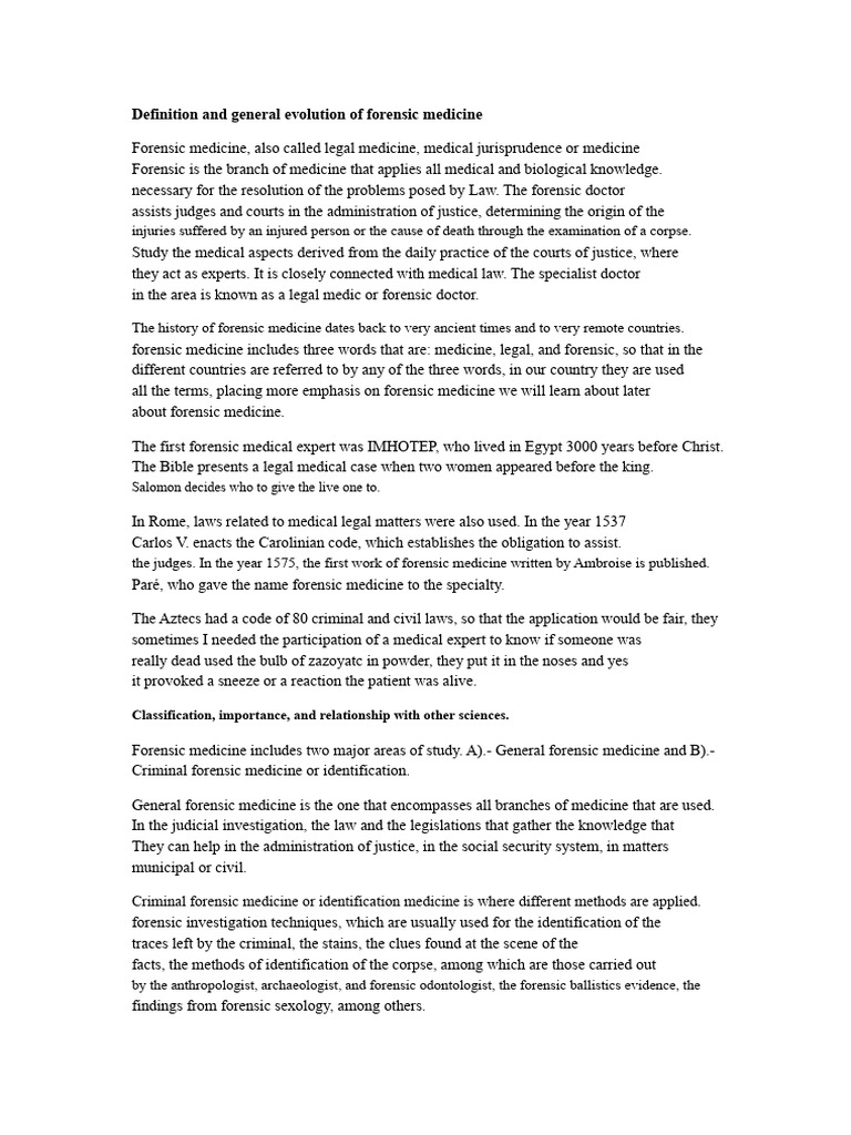 Definition and General Evolution of Forensic Medicine | PDF | Forensic ...