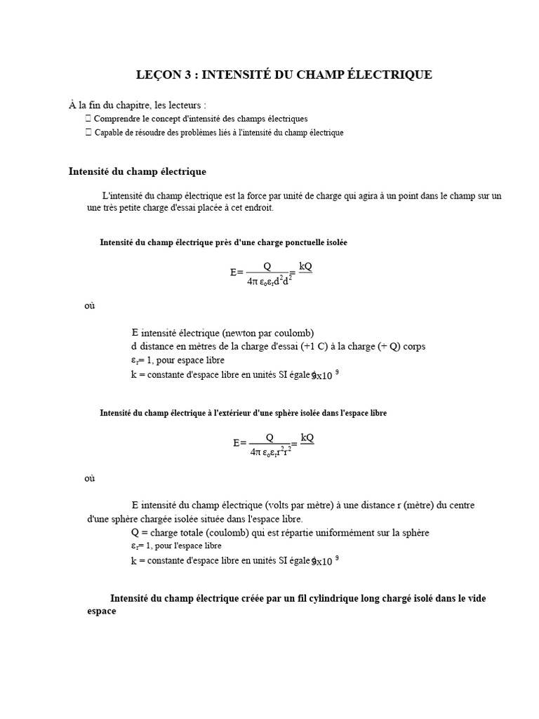 Intensité du Champ Électrique: Formules | PDF | Champ électrique