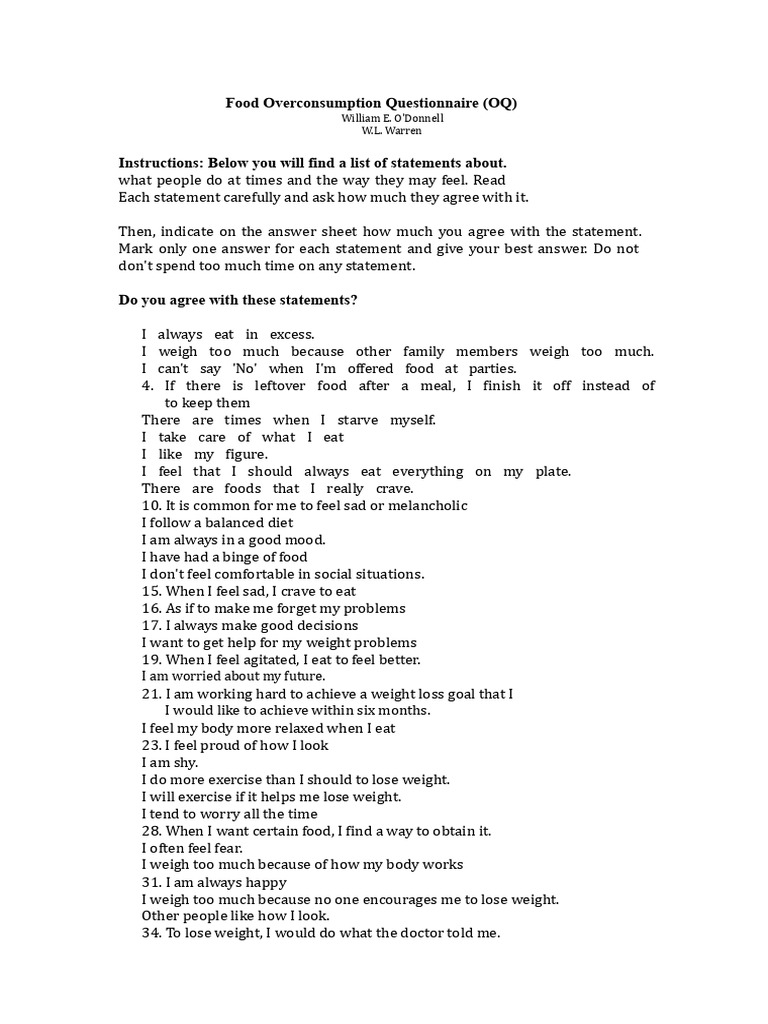 Food Overconsumption Questionnaire | PDF | Dieting | Weight Loss
