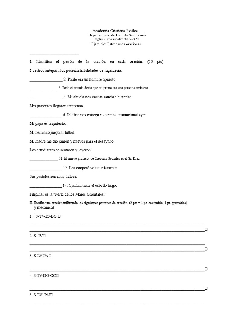 Ejercicios de Inglés Sobre Patrones de Oraciones | PDF