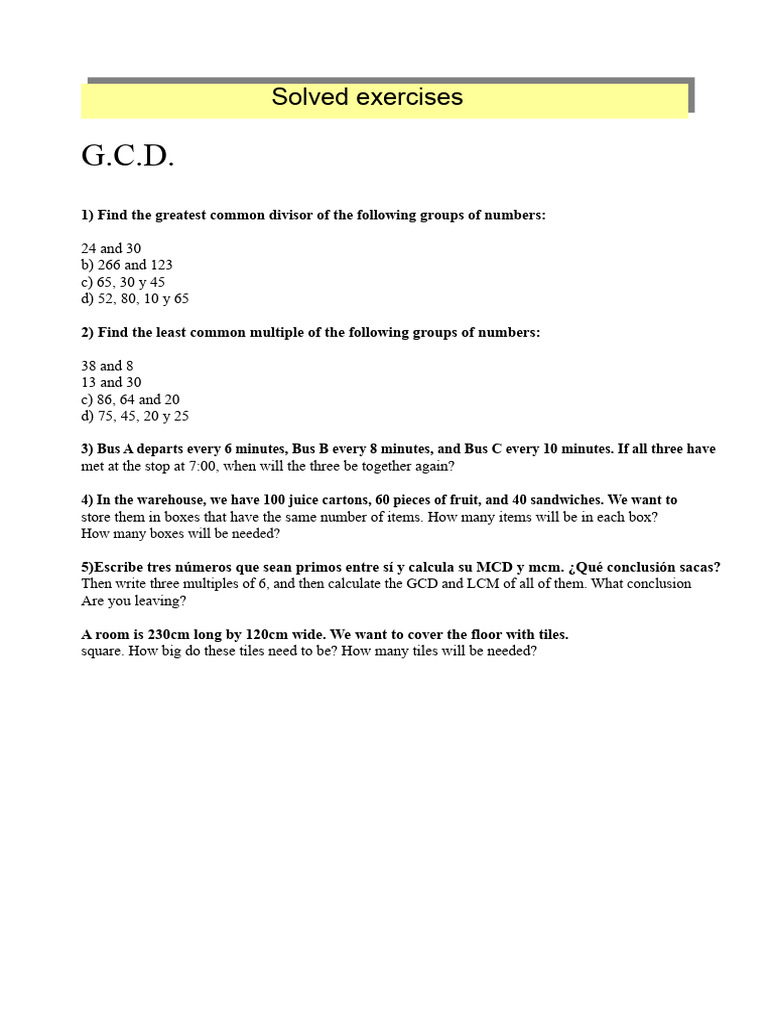 Solved_exercises_GCD_LCM.pdf | PDF | Arithmetic | Mathematics