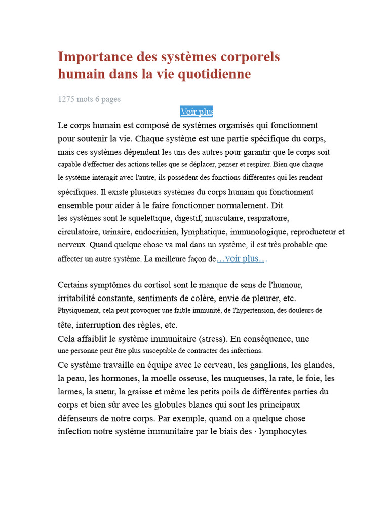 Importance Des Systèmes Du Corps Humain Dans La Vie Quotidienne | PDF ...