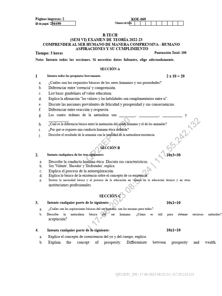 Btech Oe 6 Sem Entendiendo Al Ser Humano Koe 069 2023 | PDF | Naturaleza