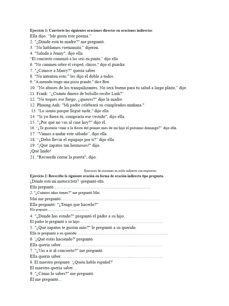 Ejercicios Sobre El Discurso Indirecto | PDF