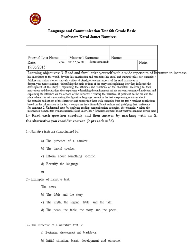 Test Sixth Narrative and Lyric Text | PDF | Narrative | Reading ...