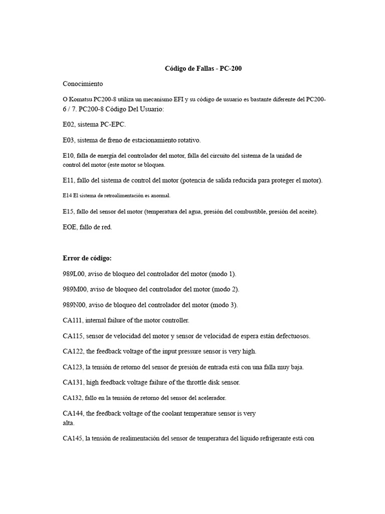 Códigos de Fallos PC-200 | PDF | Motores | Sistema de control