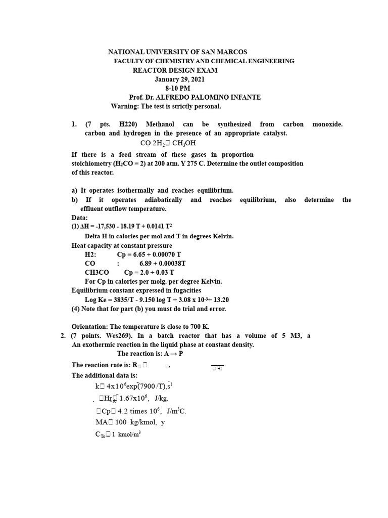 Reactor Design Exam 2020 Two | PDF | Chemical Reactor | Chemical ...