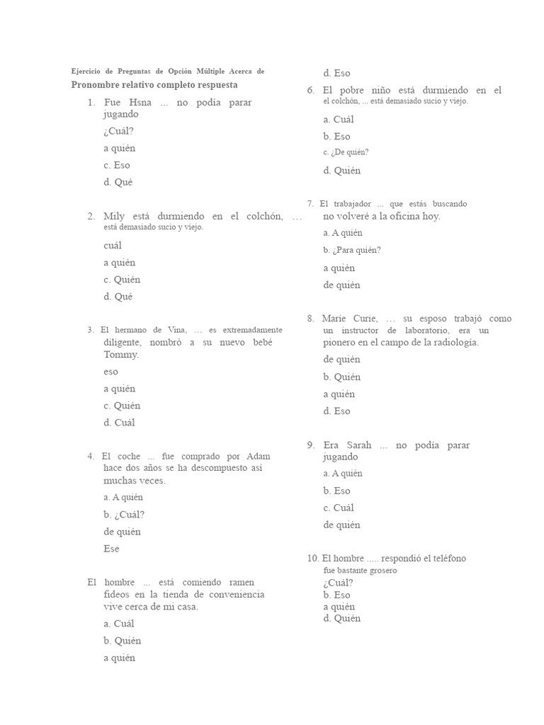 Ejercicio de Pronombres Relativos en Español | PDF