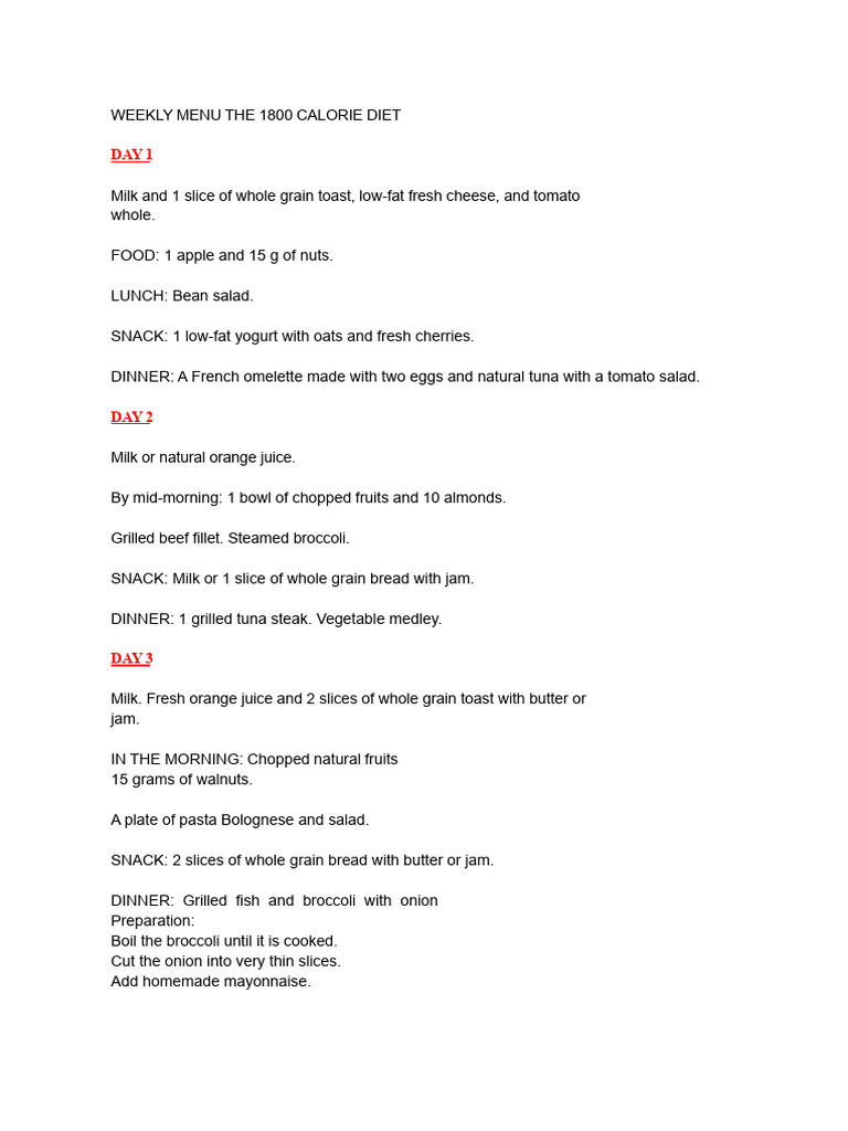 Weekly Menu The 1800 Calorie Diet | PDF | Salad | Pasta