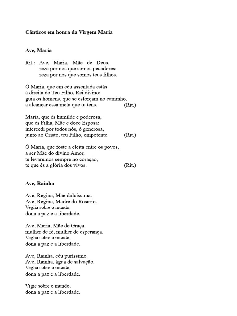 Cânticos Devocionais à Virgem Maria | PDF | Oração | Maria, mãe de Jesus
