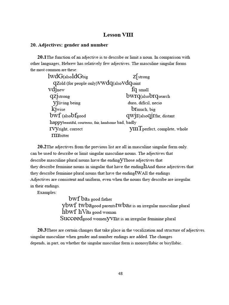 Hebrew adjectives | PDF | Adjective | Grammatical Gender