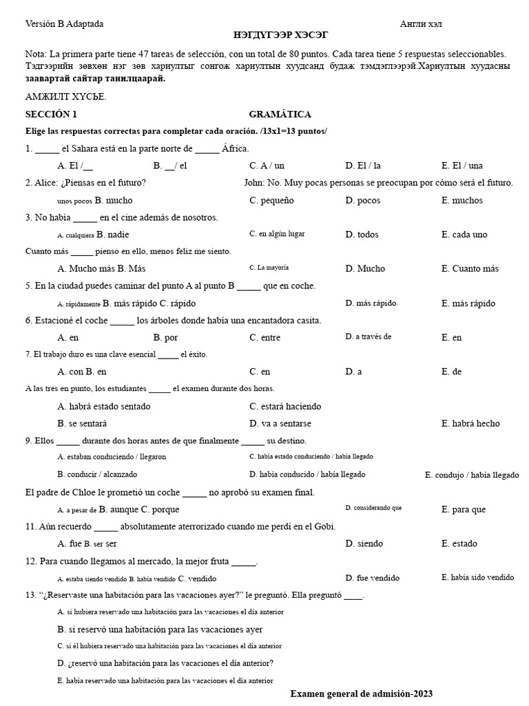 Elige Las Respuestas Correctas para Completar Cada Oración. /13x1 13 ...
