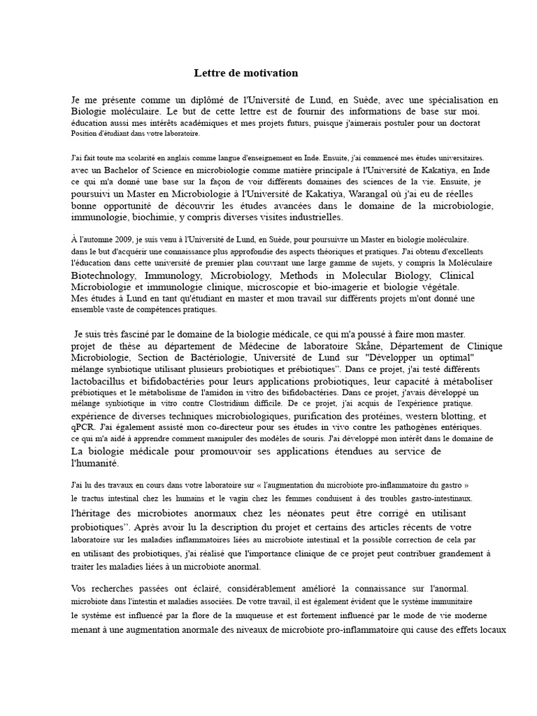 Lettre de motivation pour doctorat en biologie | PDF | Biologie ...