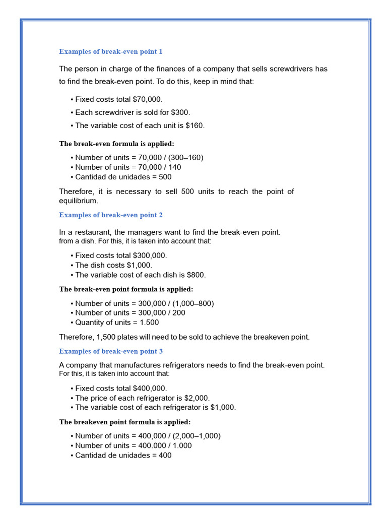 Examples of solved break-even point | PDF | Economic Equilibrium | Economies