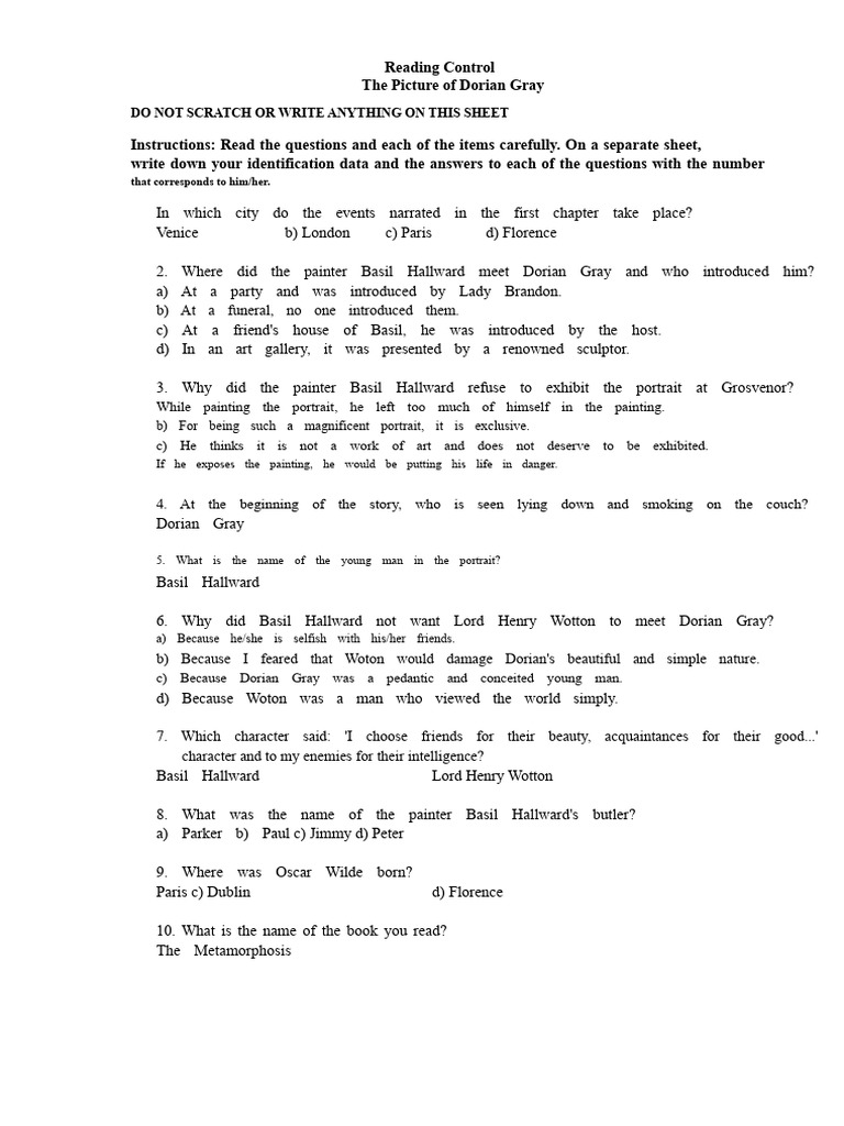 Dorian Gray Reading Comprehension Quiz | PDF