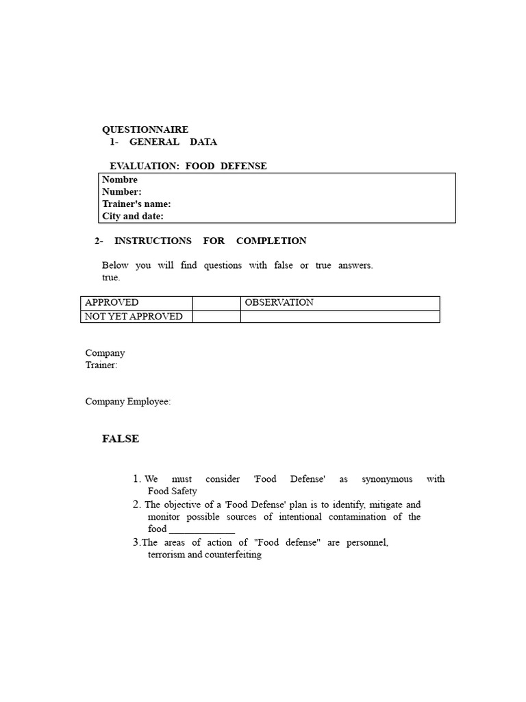 Food Defense Evaluation Questionnaire | PDF
