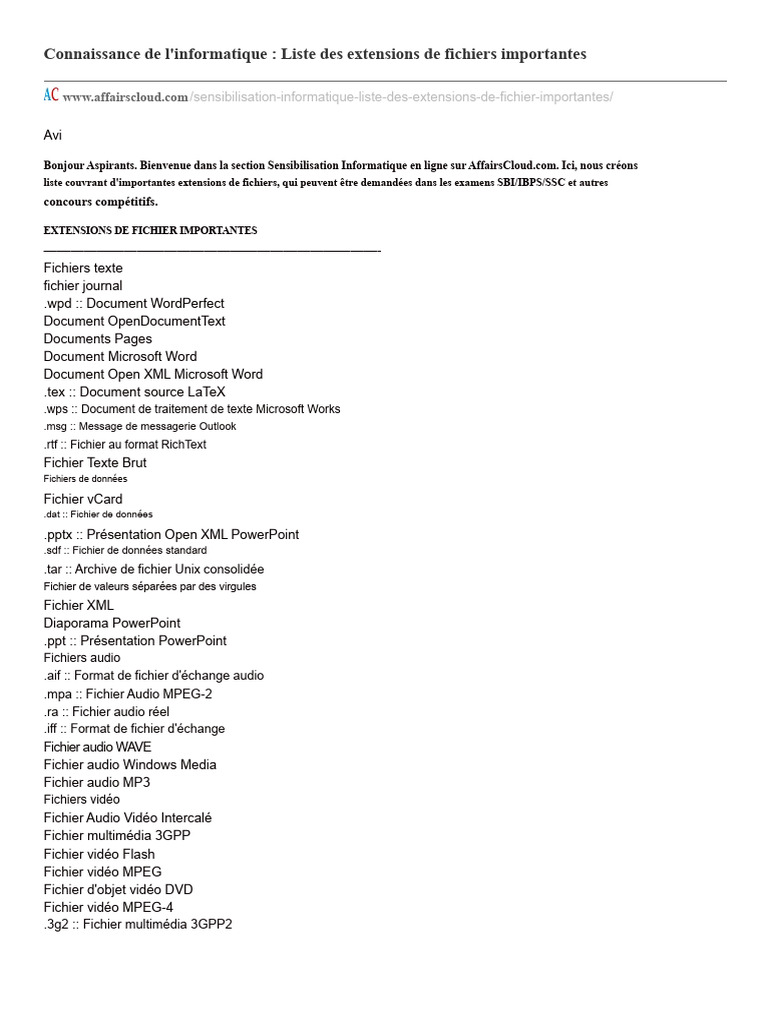 Liste Des Extensions de Fichiers Importantes en Informatique | PDF ...