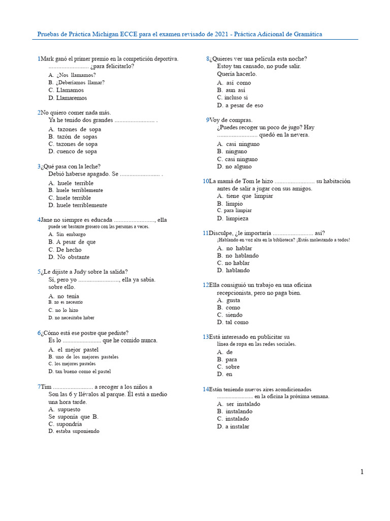 Pruebas de Gramática Michigan ECCE 2021 | PDF