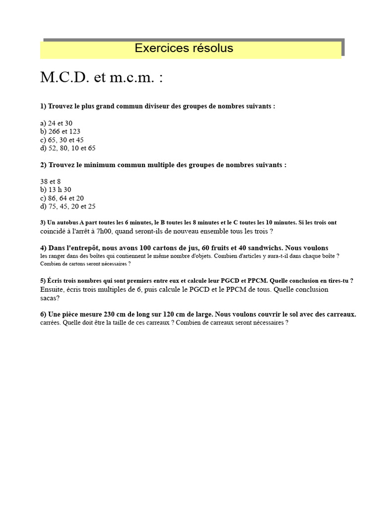 Exercices sur PGCD et PPCM | PDF | Théorie des nombres | Mathématiques ...