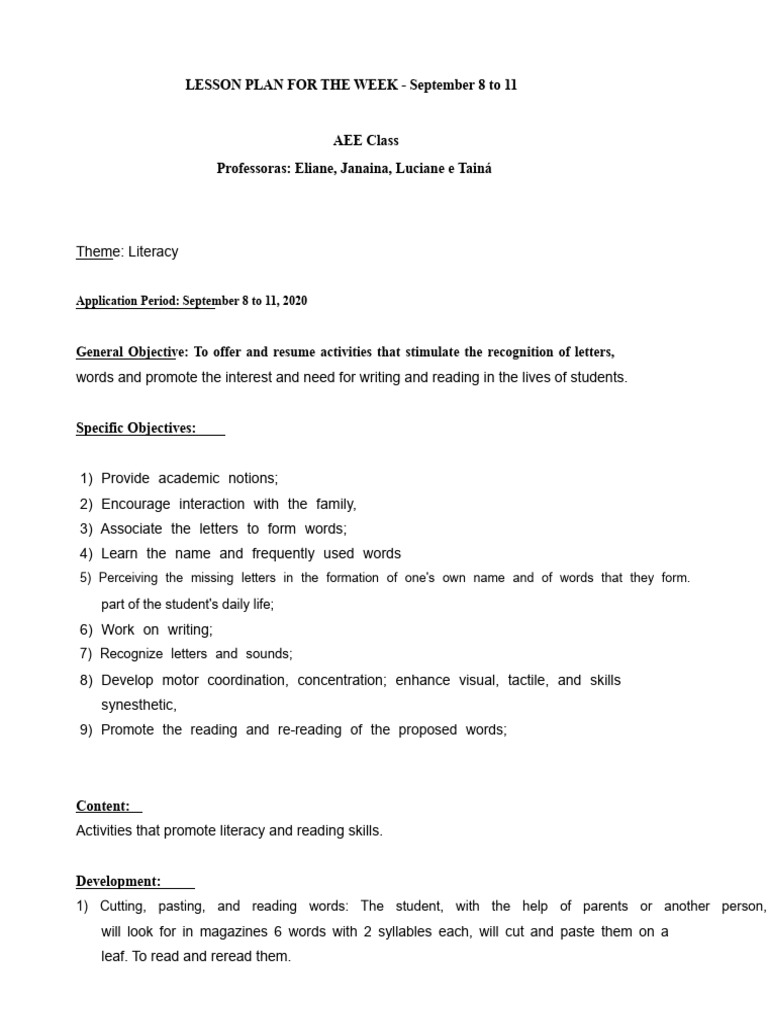 Lesson Plan AEE Literacy | PDF | Literacy | Learning