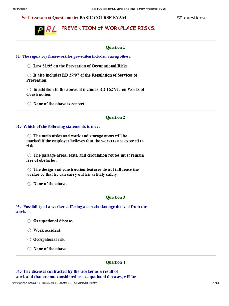 SELF-QUESTIONING EXAM OSHA BASIC COURSE | PDF | Occupational Safety And ...