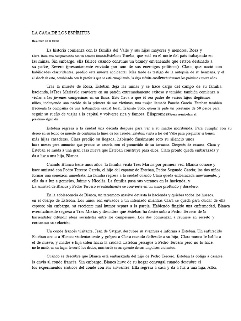 Resumen de "La Casa de los Espíritus" | PDF