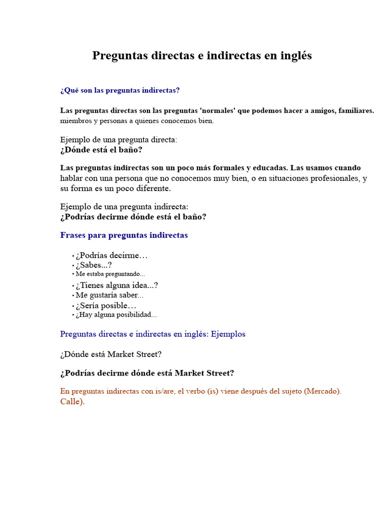 Preguntas Directas e Indirectas en Inglés | PDF | Asunto (gramática ...