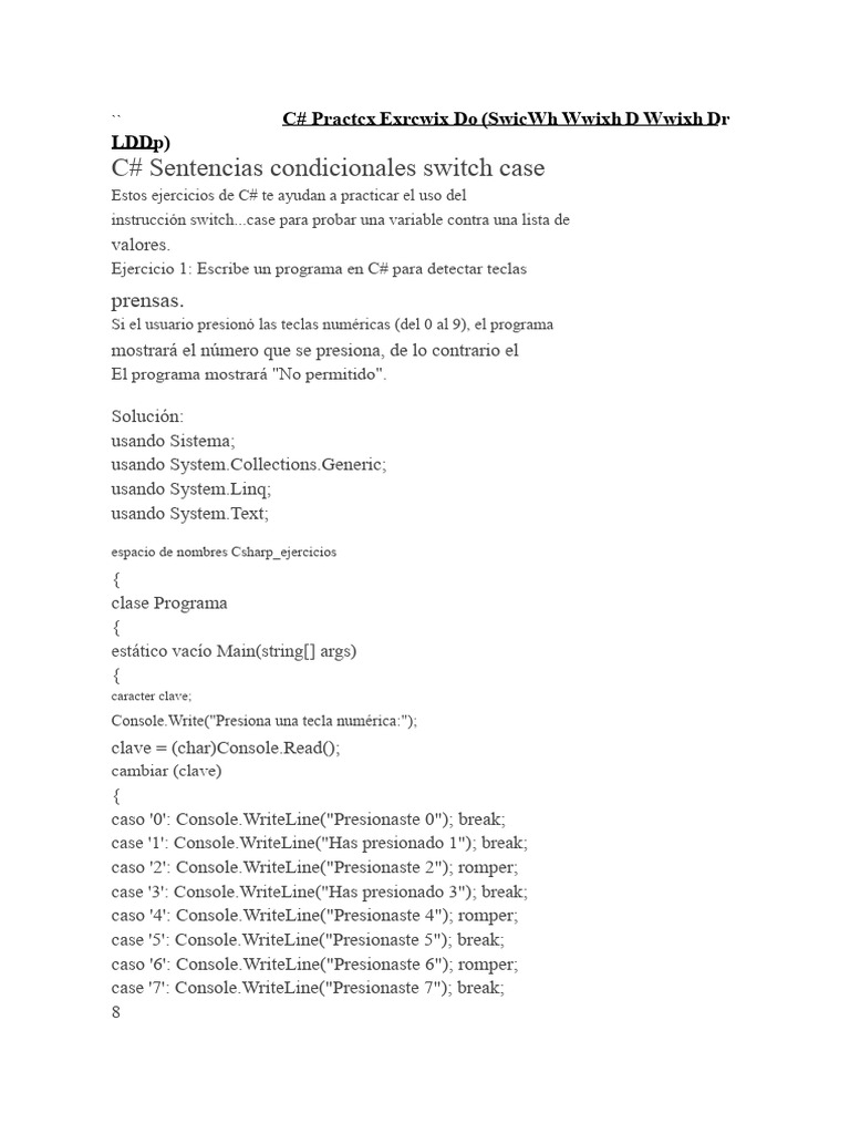 Ejercicios de C# con switch y bucles | PDF | C Sharp (lenguaje de programación) | Software
