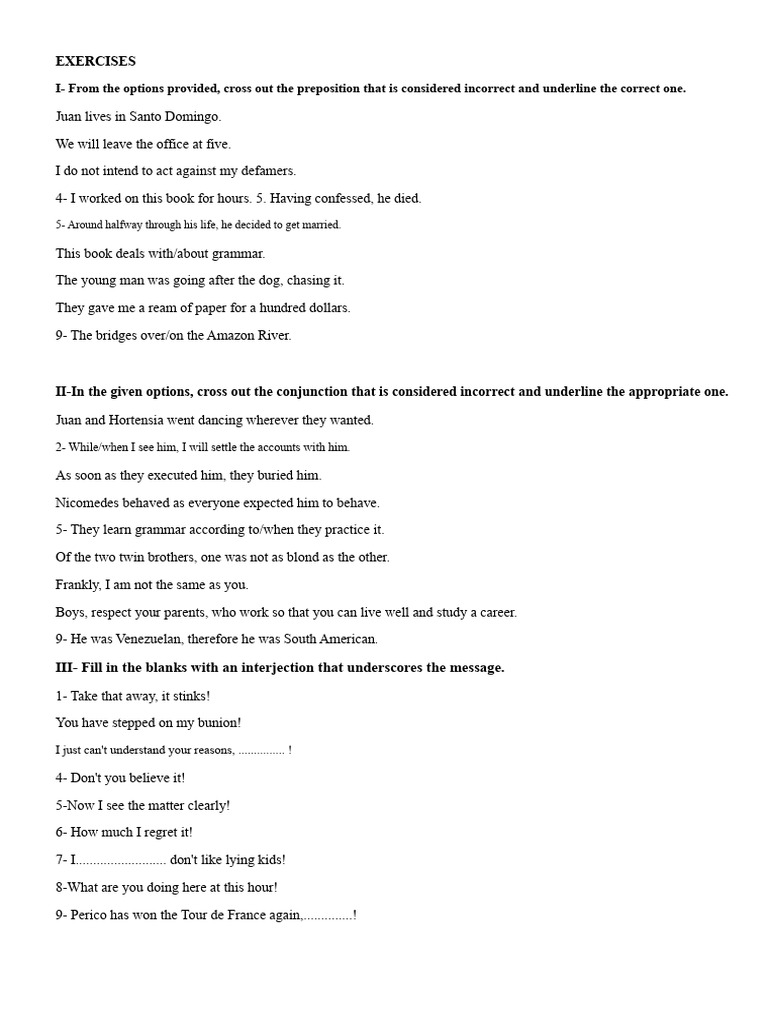 EXERCISES Prepositions, Conjunctions, and Interjections | PDF