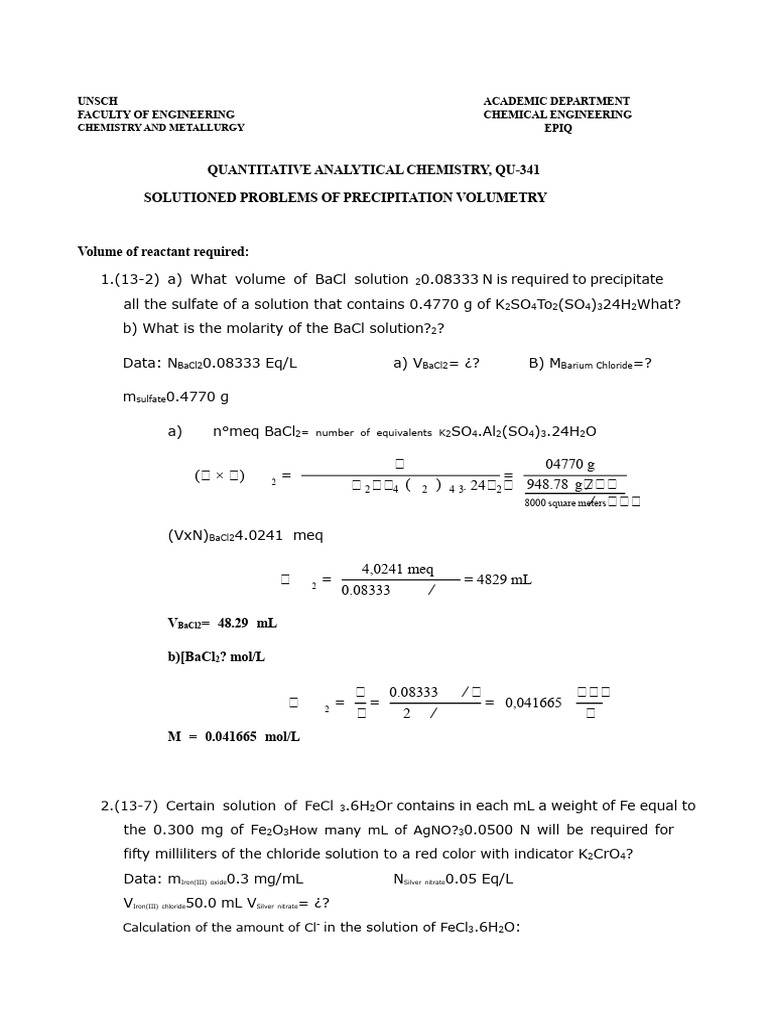 Precipitation Volumetry Problems in Chemistry | PDF | Titration | Chemistry
