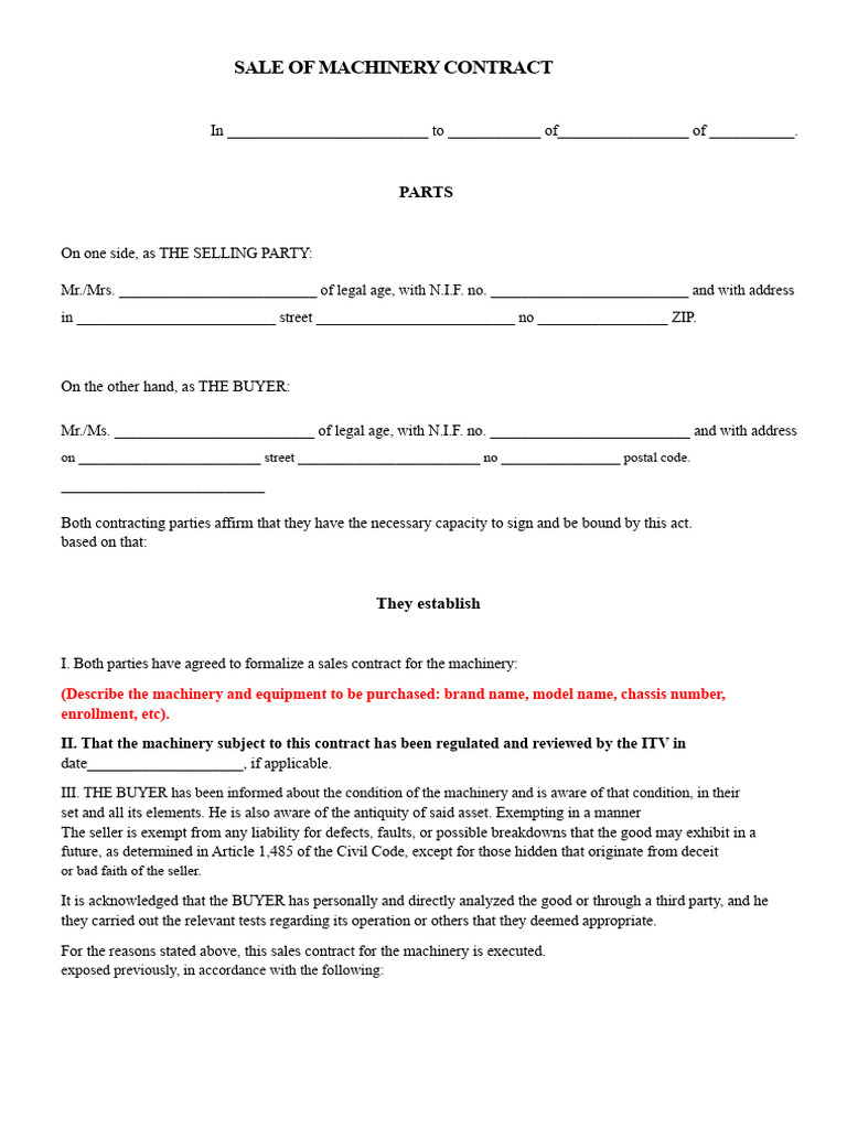 Machinery Sales Contract Template | PDF | Sales | Private Law