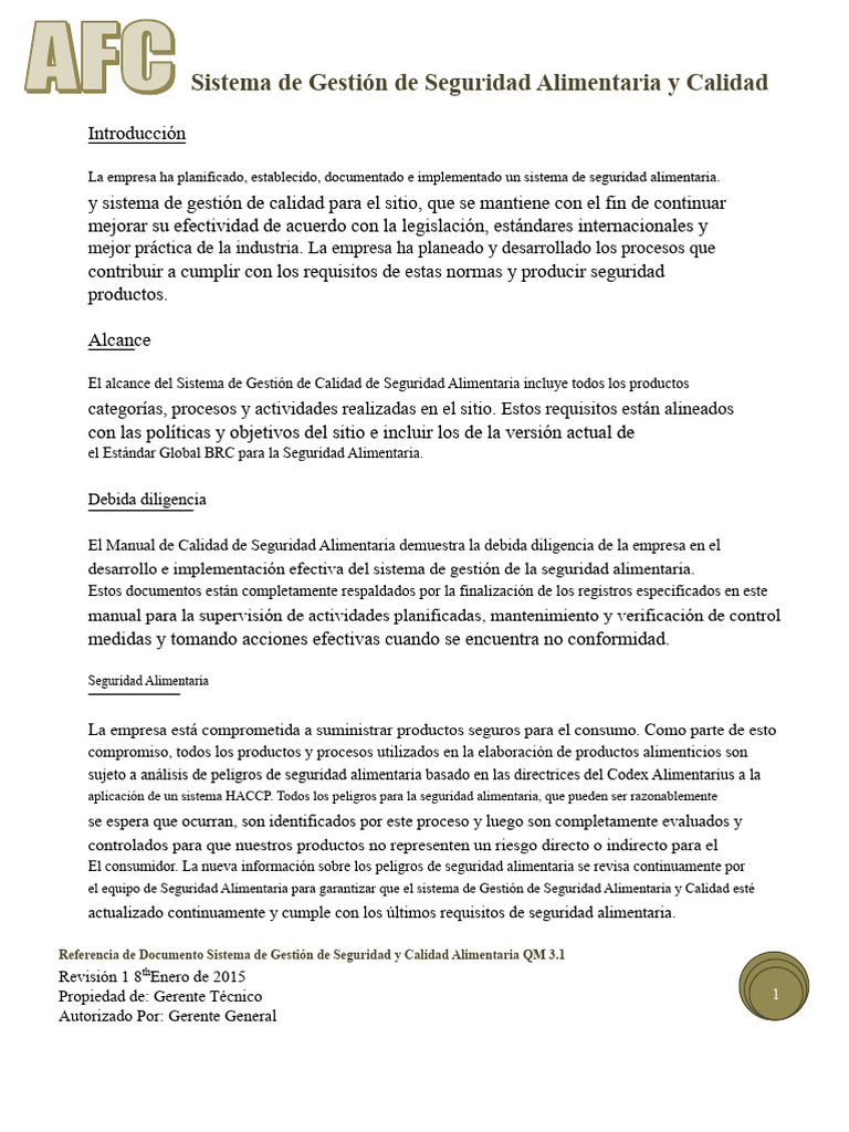 Sistema de Gestión de la Seguridad Alimentaria y Calidad | PDF | Calidad (comercial) | Seguridad ...