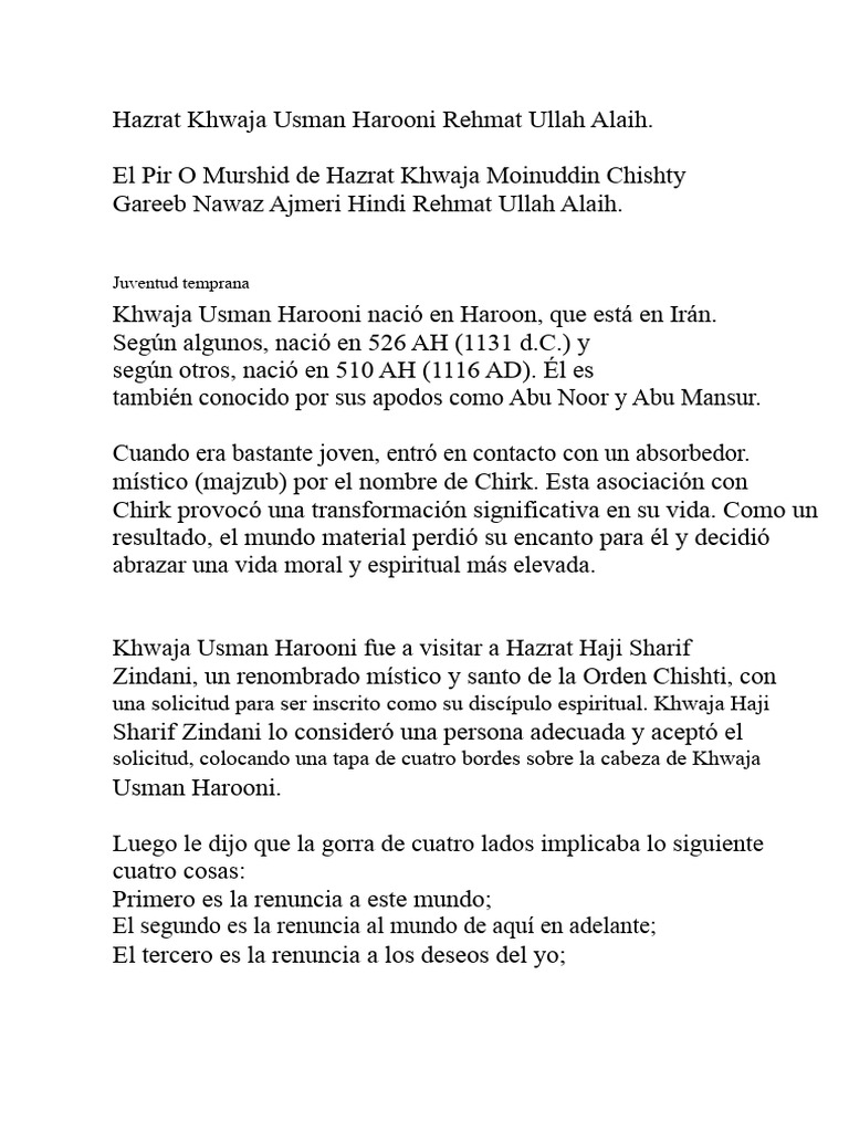 La Biografía de Hazrat Khwaja Usman Harooni | PDF | Espiritualidad