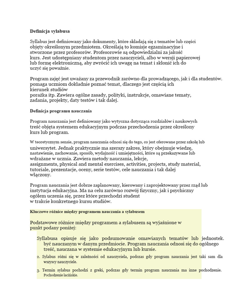 Definicja Programu Nauczania | PDF