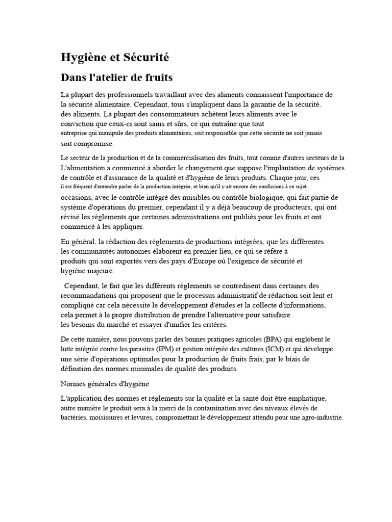 Hygiène Et Sécurité Dans L'atelier de Fruits-1 | PDF | Nourritures ...